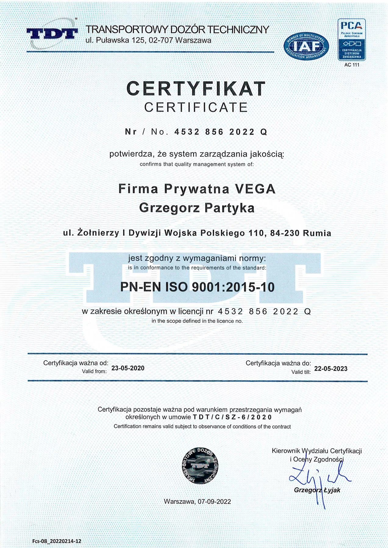 Certyfikaty » Vega Rumia sklep internetowy